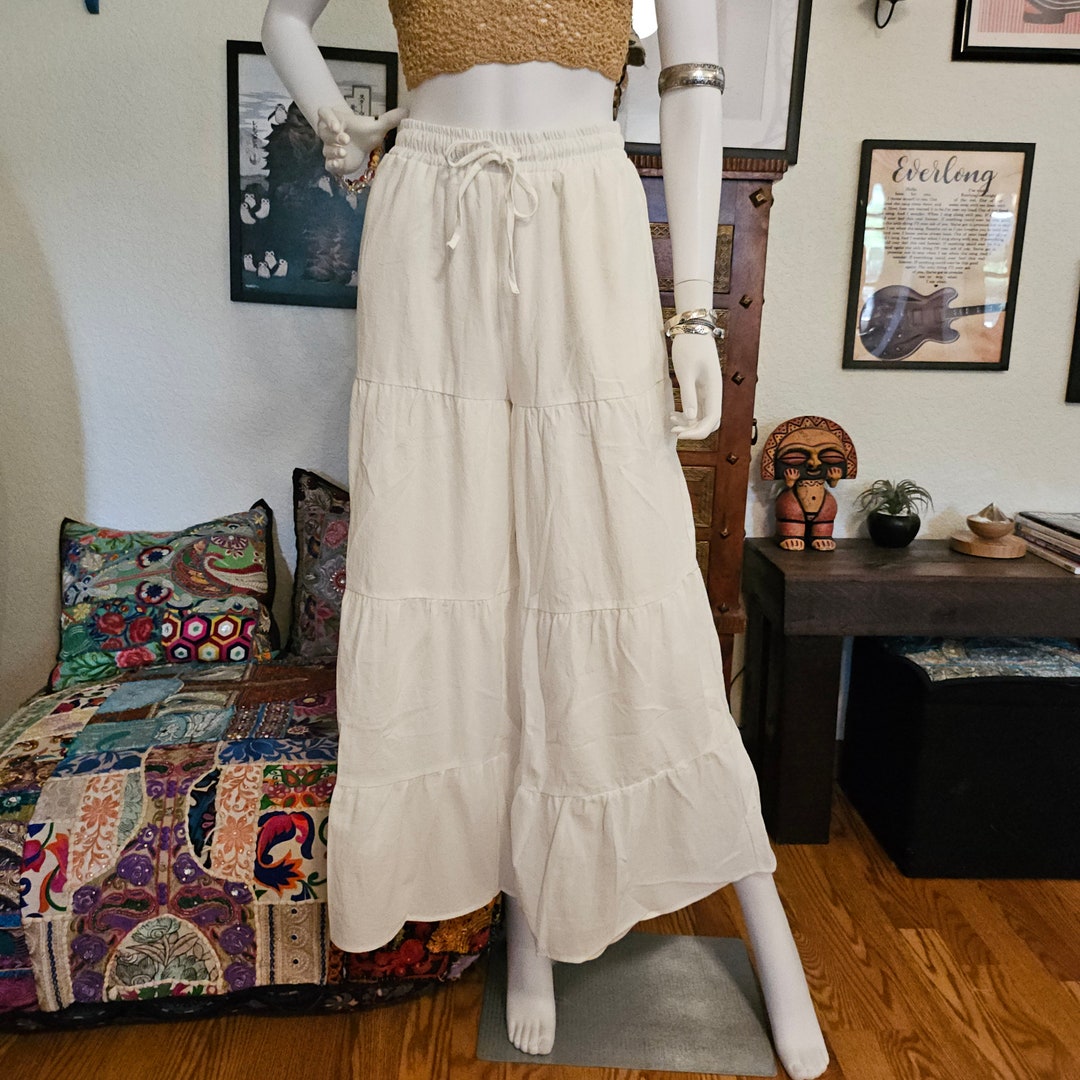 White Layered Palazzo Pants Drawstring Boho Drawstring Pants 24 to 32 ...