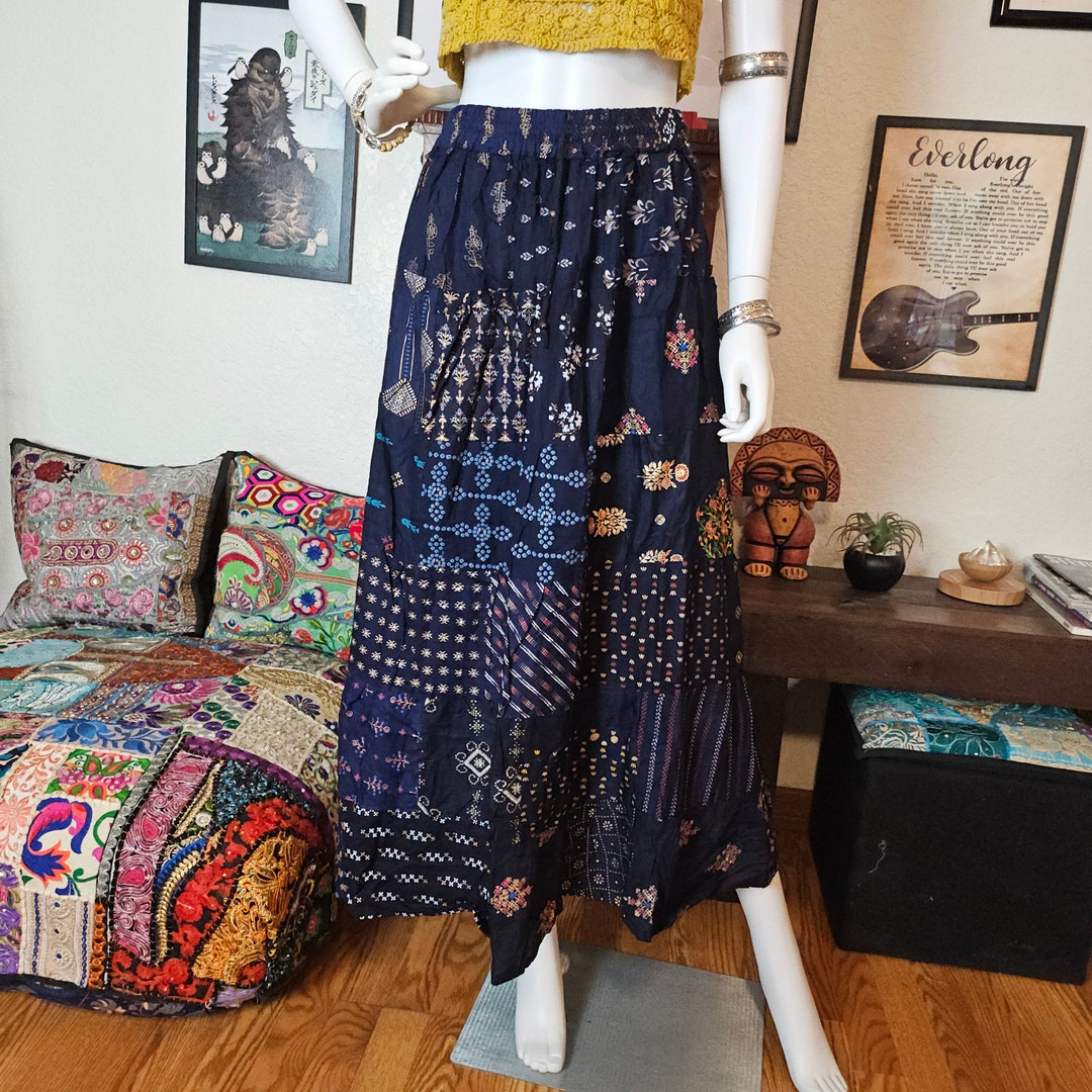 Long Maxi Patchwork Skirt - Boho Maxi Long Skirt - Dark Blue Flowery ...