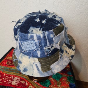 Bucket Hat Denim and Army Camouflage Patches Handmade One of a Kind Hat ...