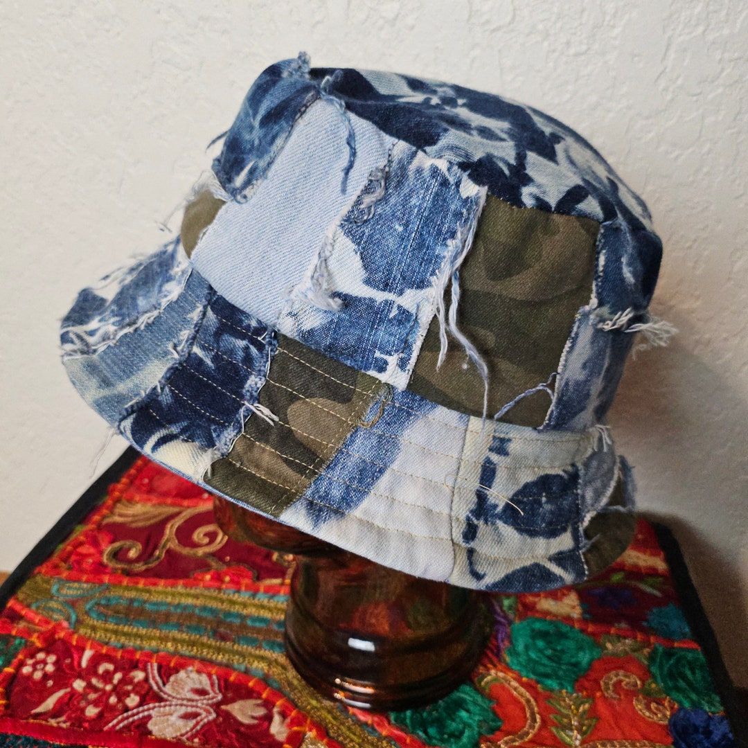 Bucket Hat Denim and Army Camouflage Patches Handmade One of a Kind Hat ...