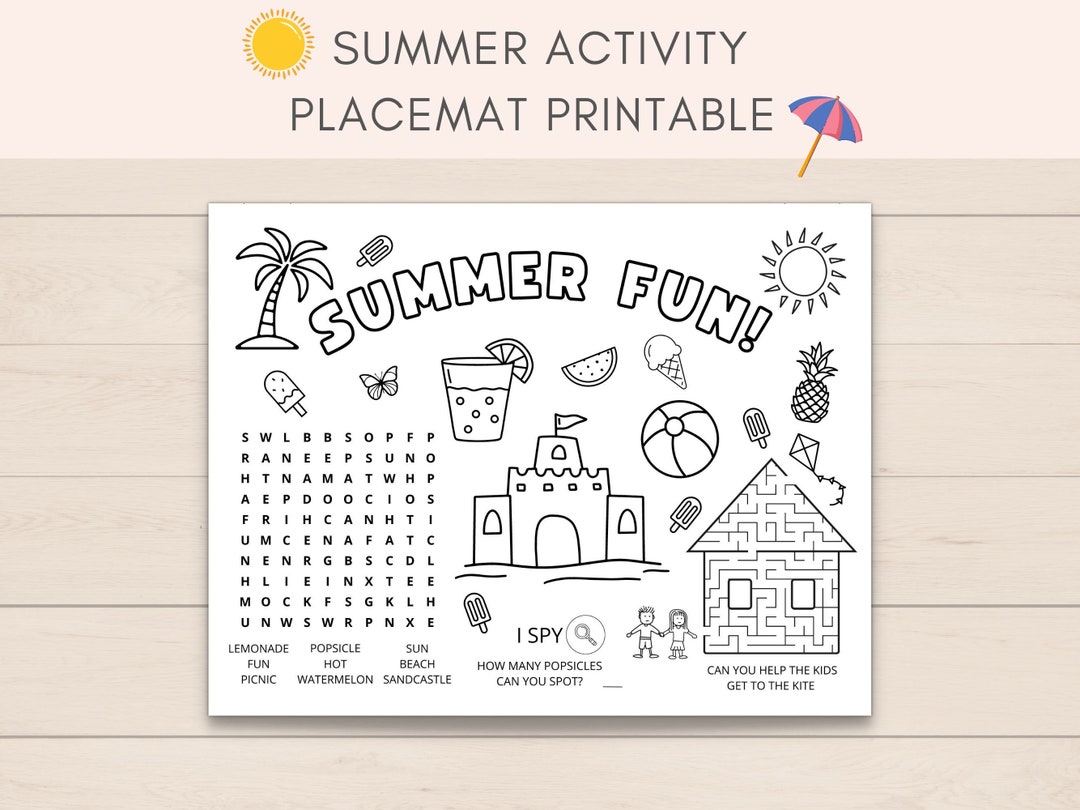 Summer Activity Placemat, Summer Party, Kids Activities, Printable ...