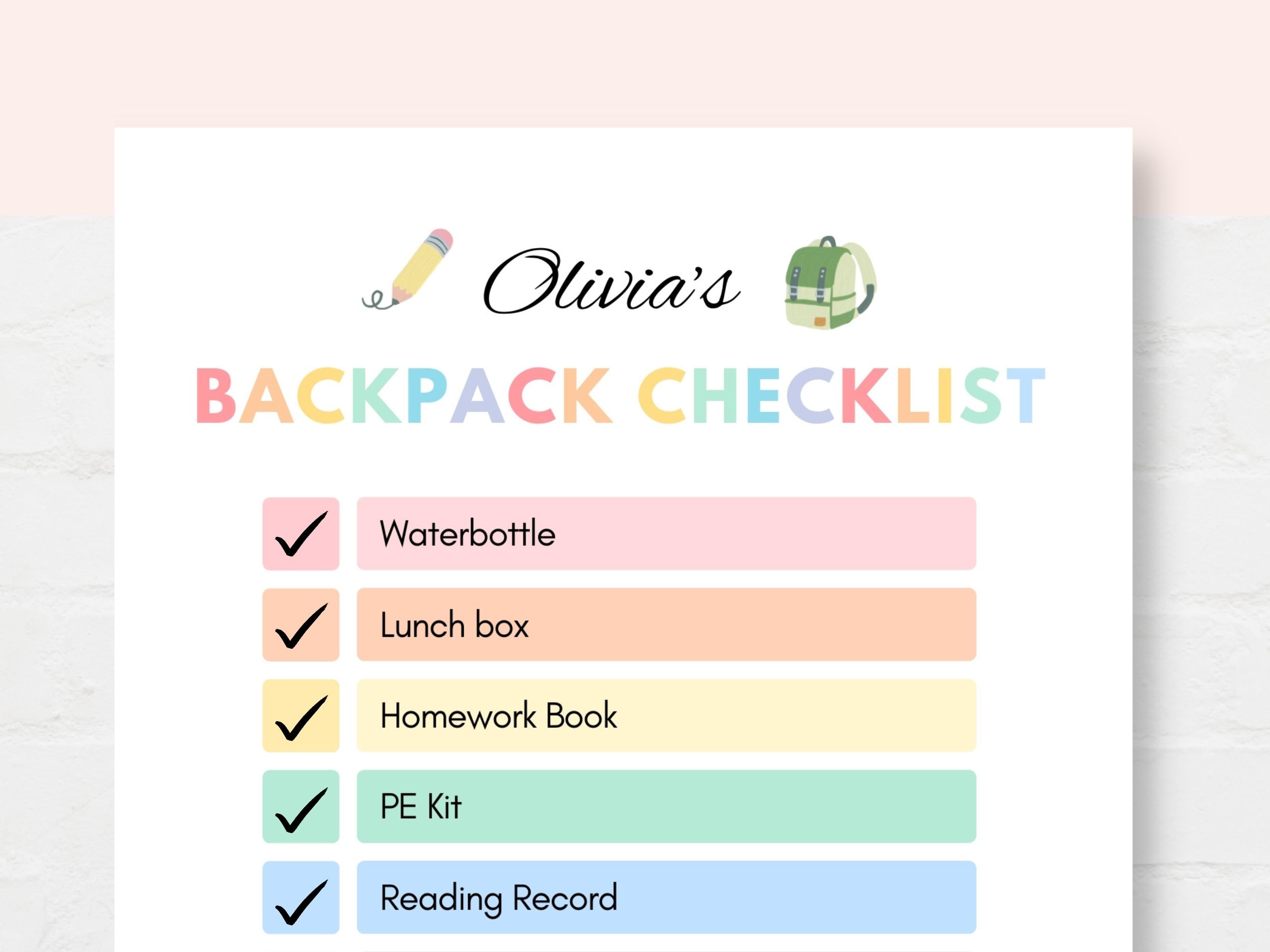 Backpack Checklist for Kids, Ready for School, Kids Daily Checklist ...
