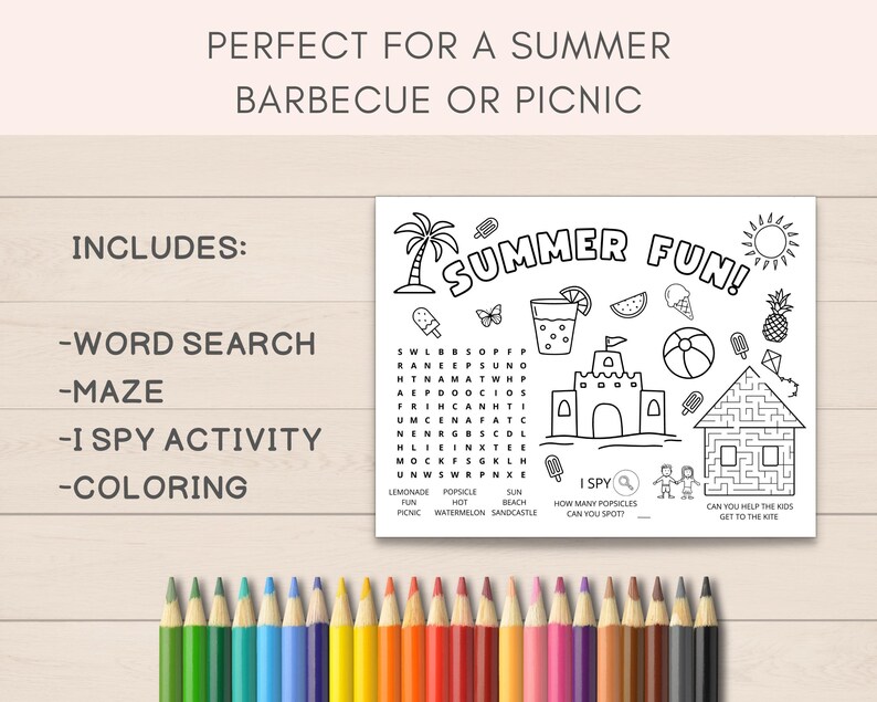 Summer Activity Placemat Summer Party Kids Activities - Etsy