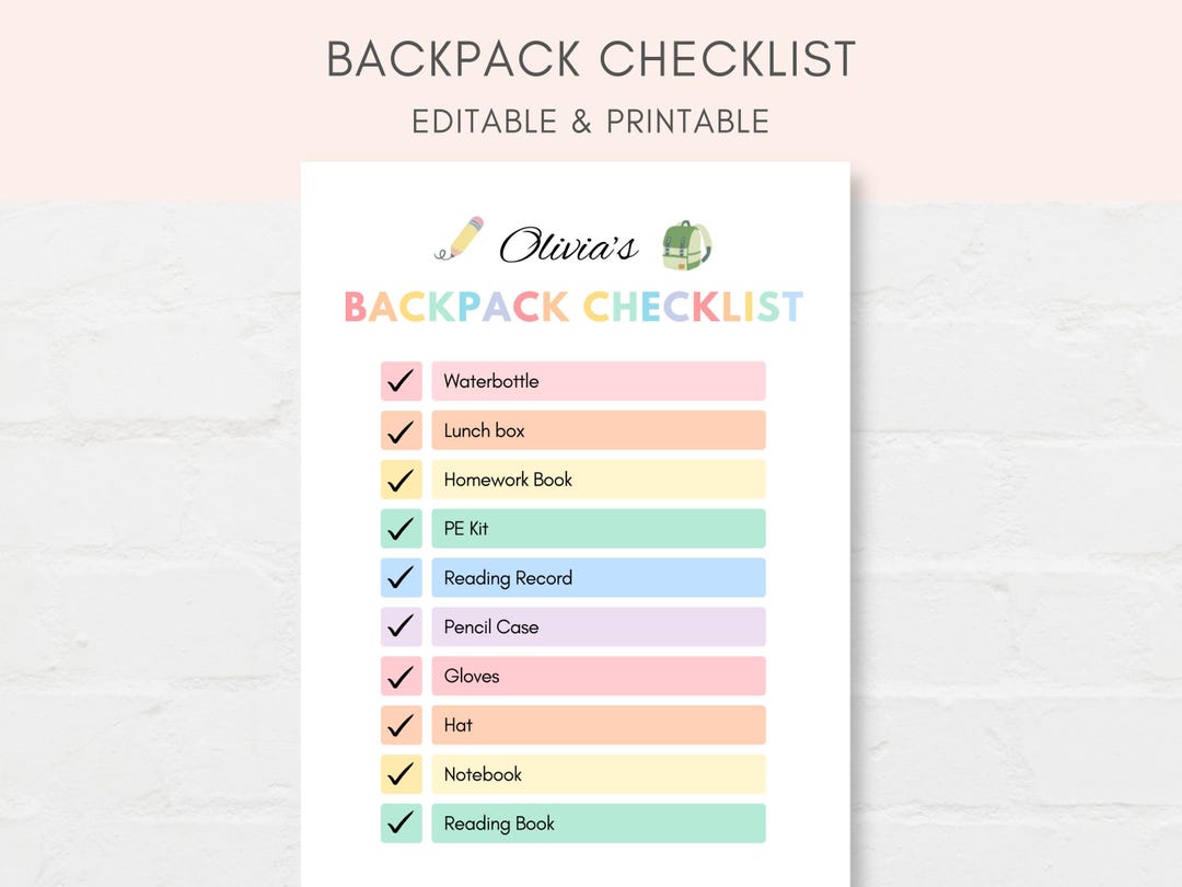 Backpack Checklist for Kids, Ready for School, Kids Daily Checklist ...