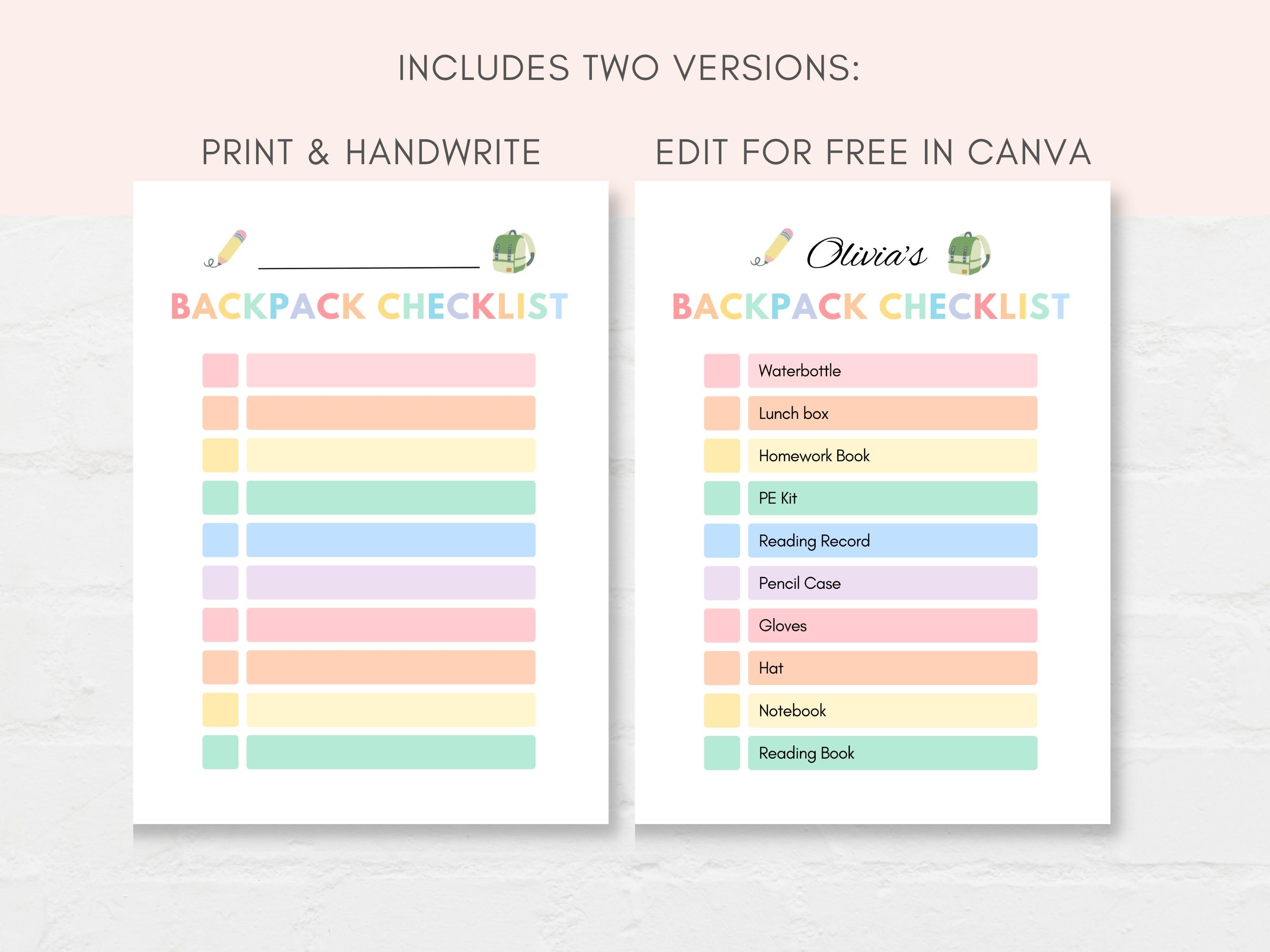 Backpack Checklist for Kids, Ready for School, Kids Daily Checklist ...