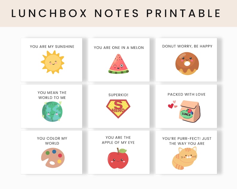 Lunch Box Notes Printable Lunch Notes for Kids Cute Lunchbox - Etsy ...