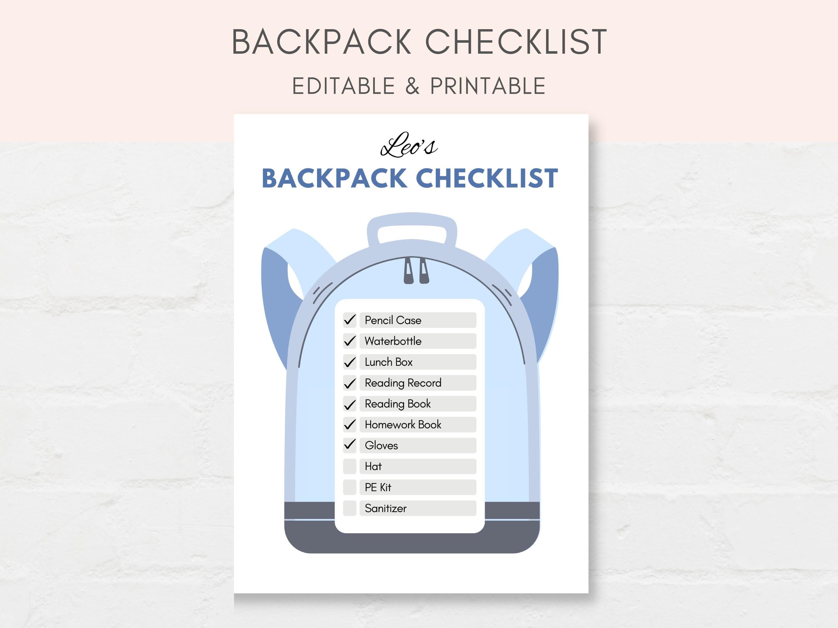 Backpack Checklist for Kids, Ready for School, Kids Daily Checklist ...
