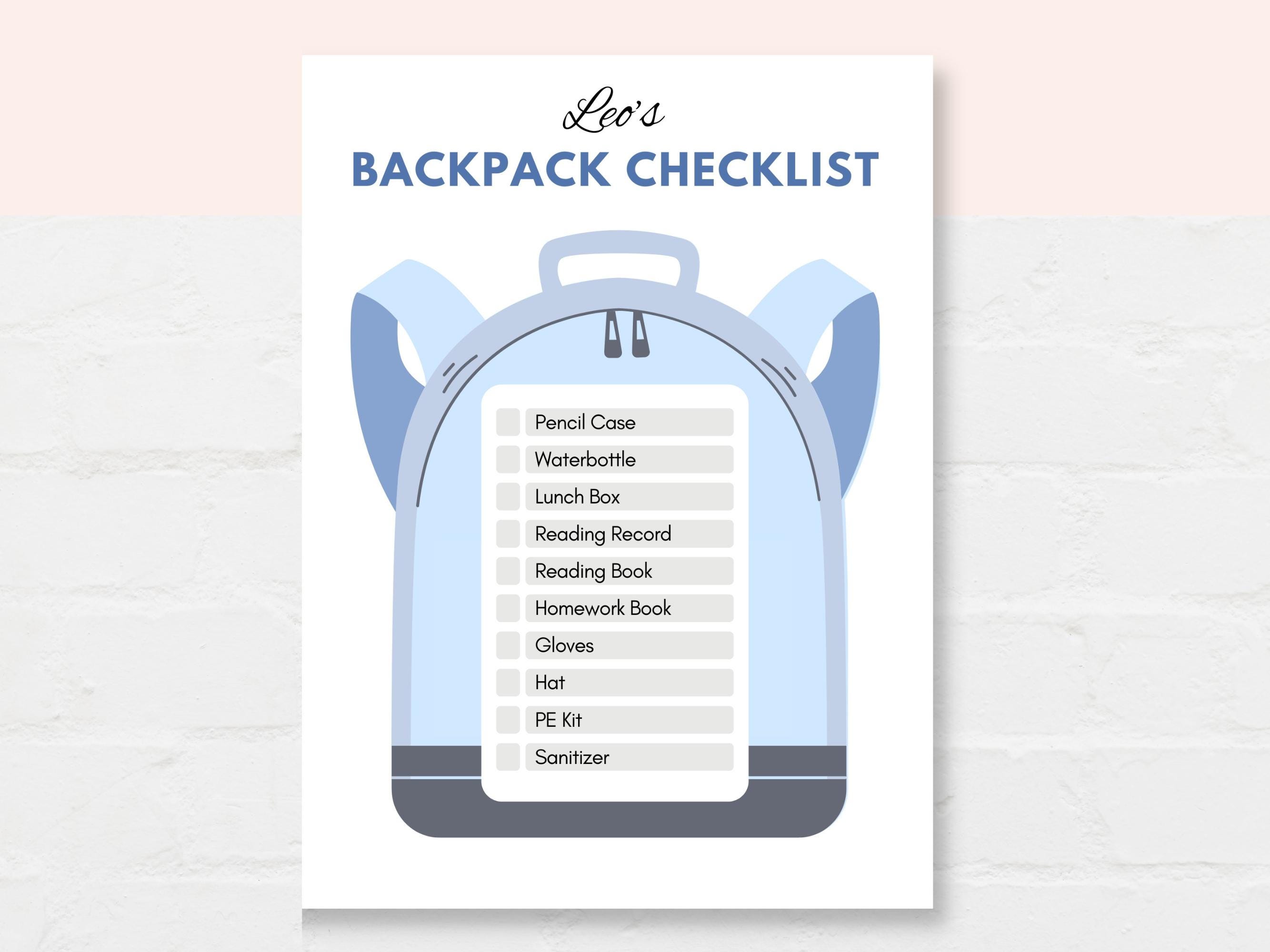 Backpack Checklist for Kids, Ready for School, Kids Daily Checklist ...