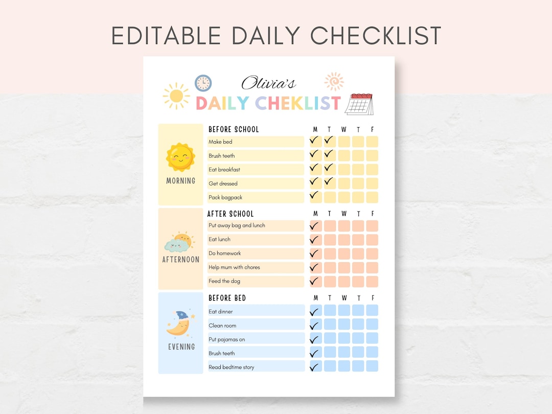 Kids Daily Checklist, Kids Daily Schedule, Editable Kids Daily ...
