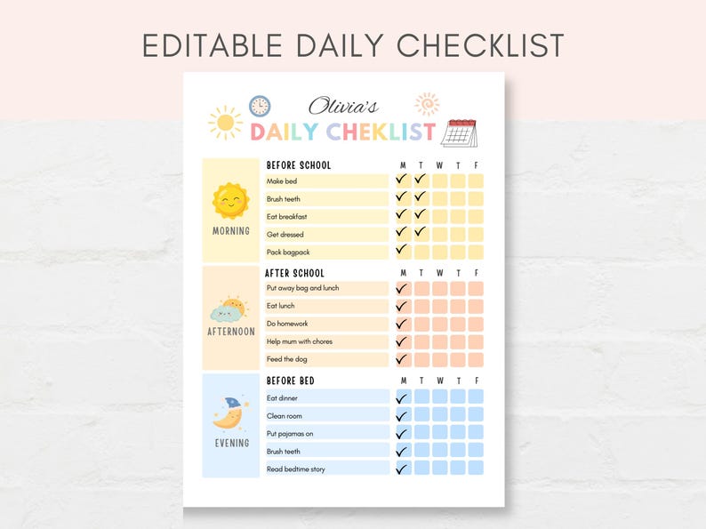 Kids Daily Checklist, Kids Daily Schedule, Editable Kids Daily ...