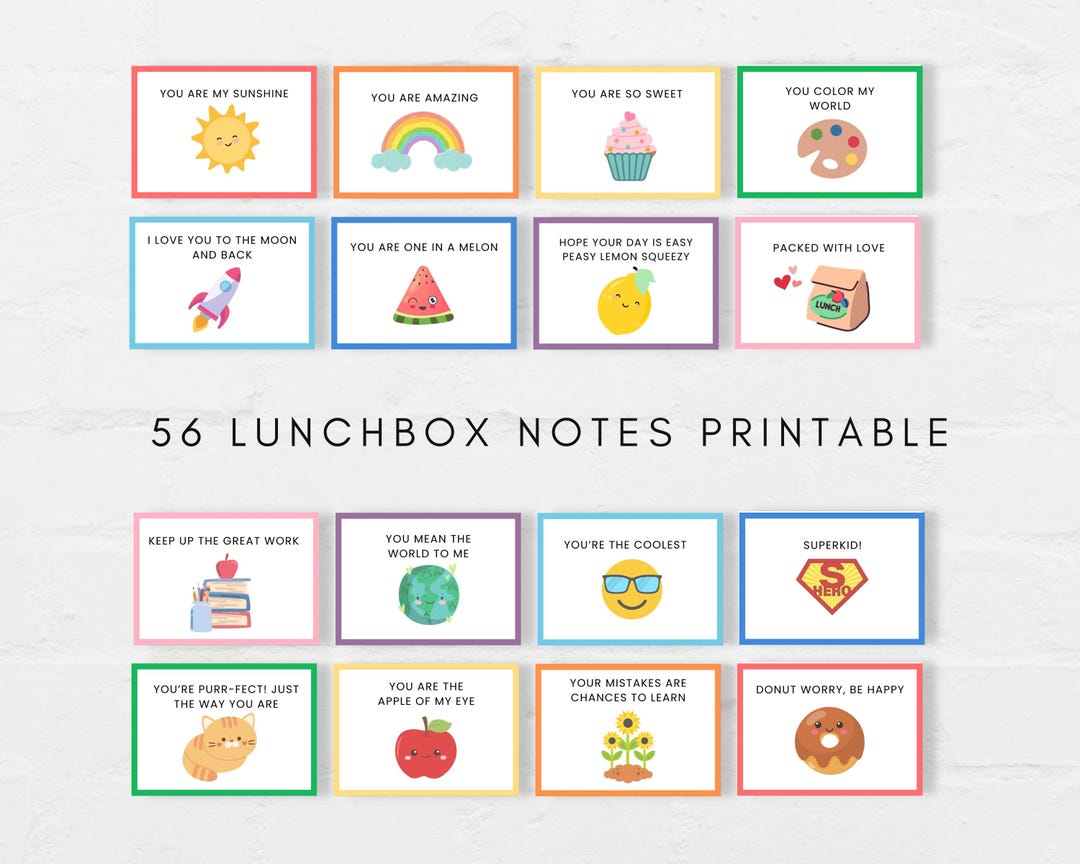 Lunch Box Notes Printable, Lunch Notes for Kids, Cute Lunchbox Notes ...