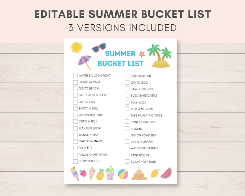 Summer Bucket List Printable, Kids Summer Activity, Summer Checklist ...