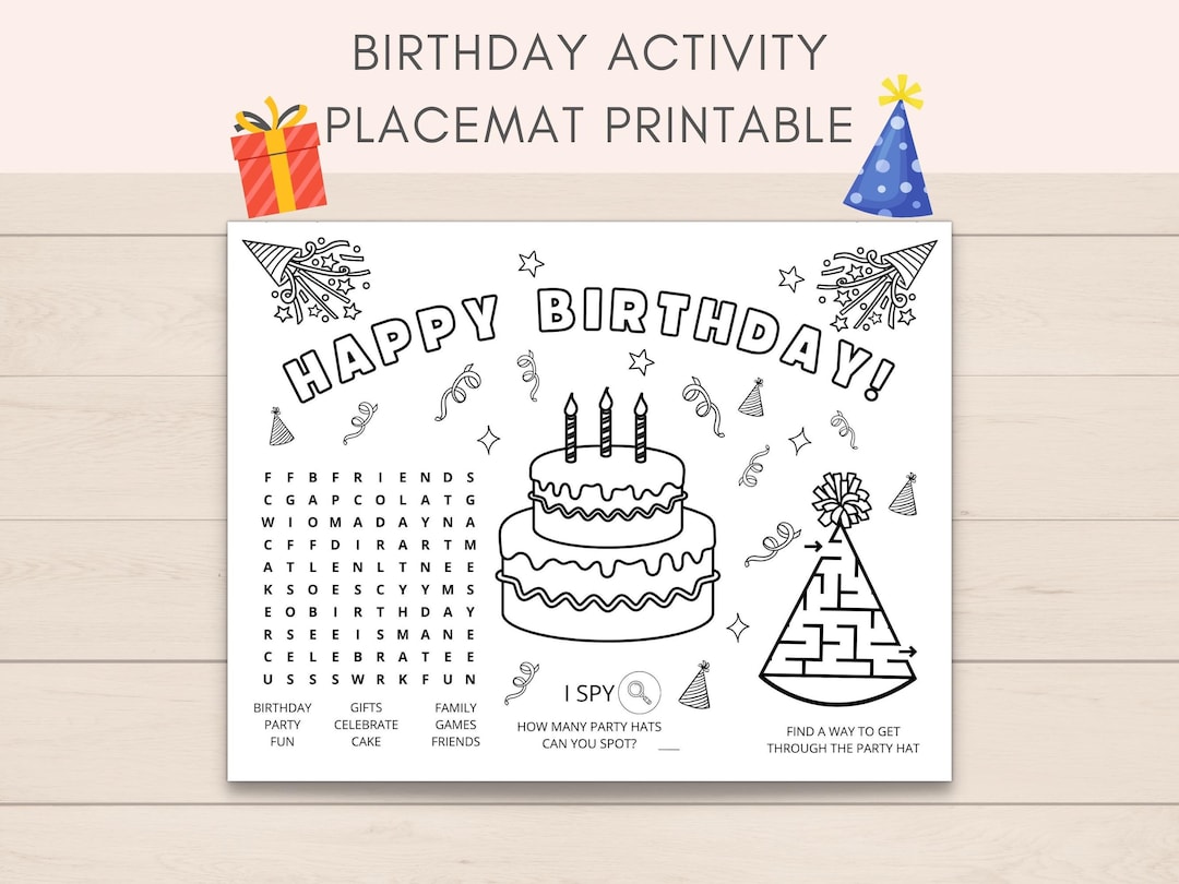Birthday Activity Placemat, Birthday Game, Birthday Party, Printable ...