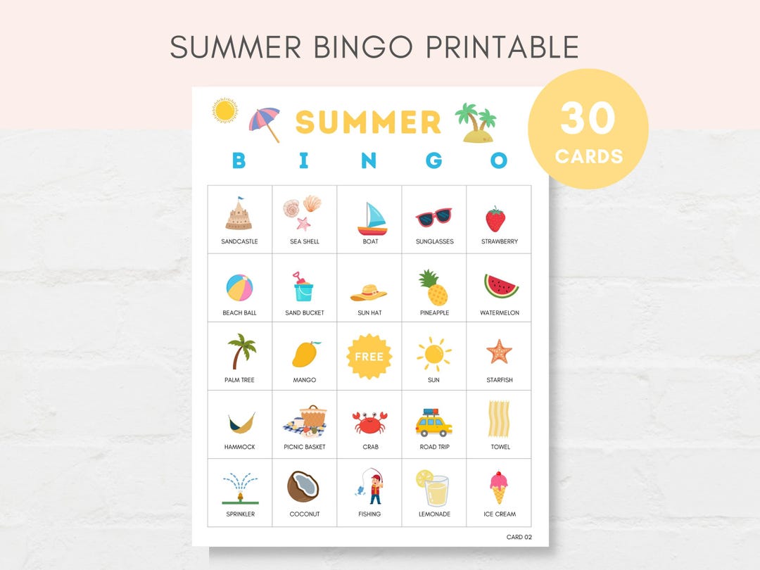 Summer Bingo, Summer Bingo Cards, Summer Games, Printable Bingo ...