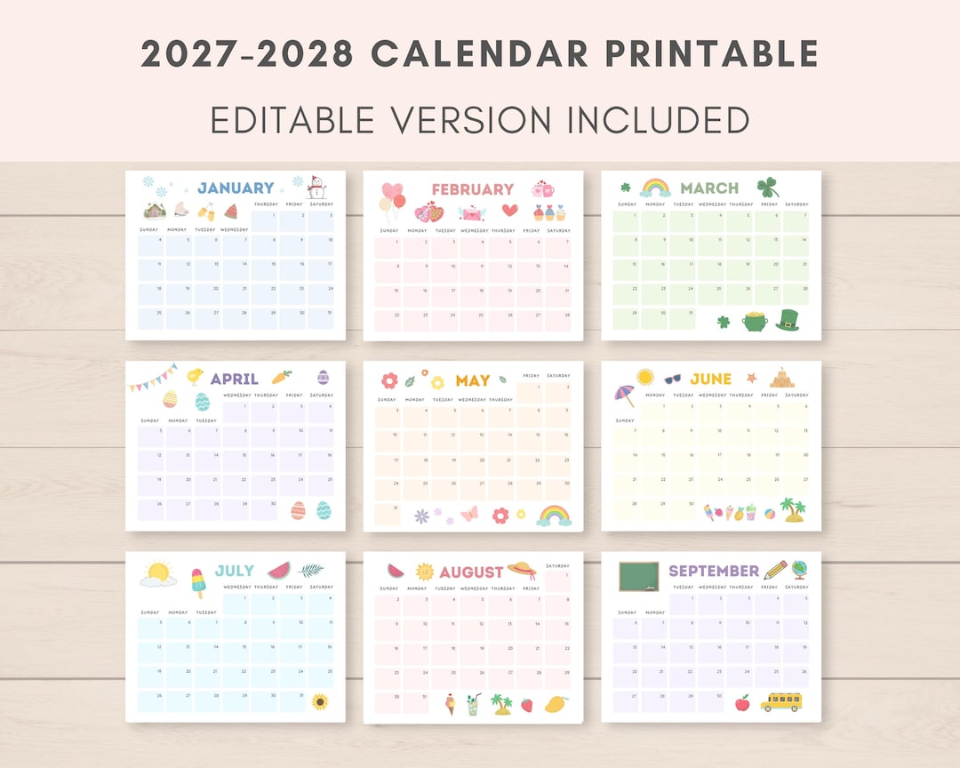 2027-2028 Calendar Printable, Printable Calendar, Editable Calendar ...