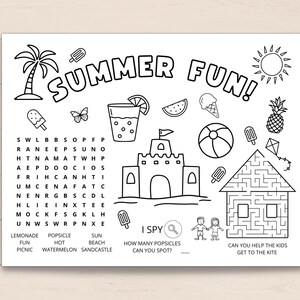 Summer Activity Placemat, Summer Party, Kids Activities, Printable ...