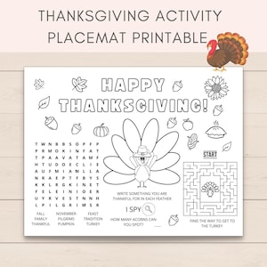 Thanksgiving Placemat Printable, Thanksgiving Activity Placemat, Kids ...