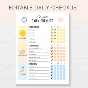 Kids Daily Checklist, Daily Checklist for Kids, Editable Kids Daily ...