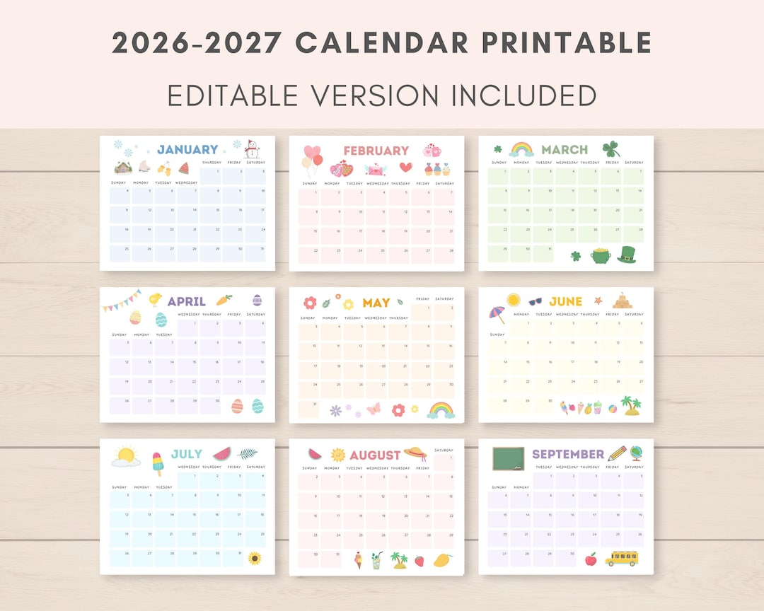 2026-2027 Calendar Printable, Printable Calendar, Editable Calendar ...