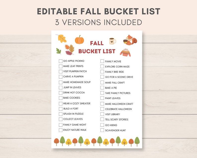 Fall Bucket List Printable, Editable Bucket List, Fall Fun Activities ...