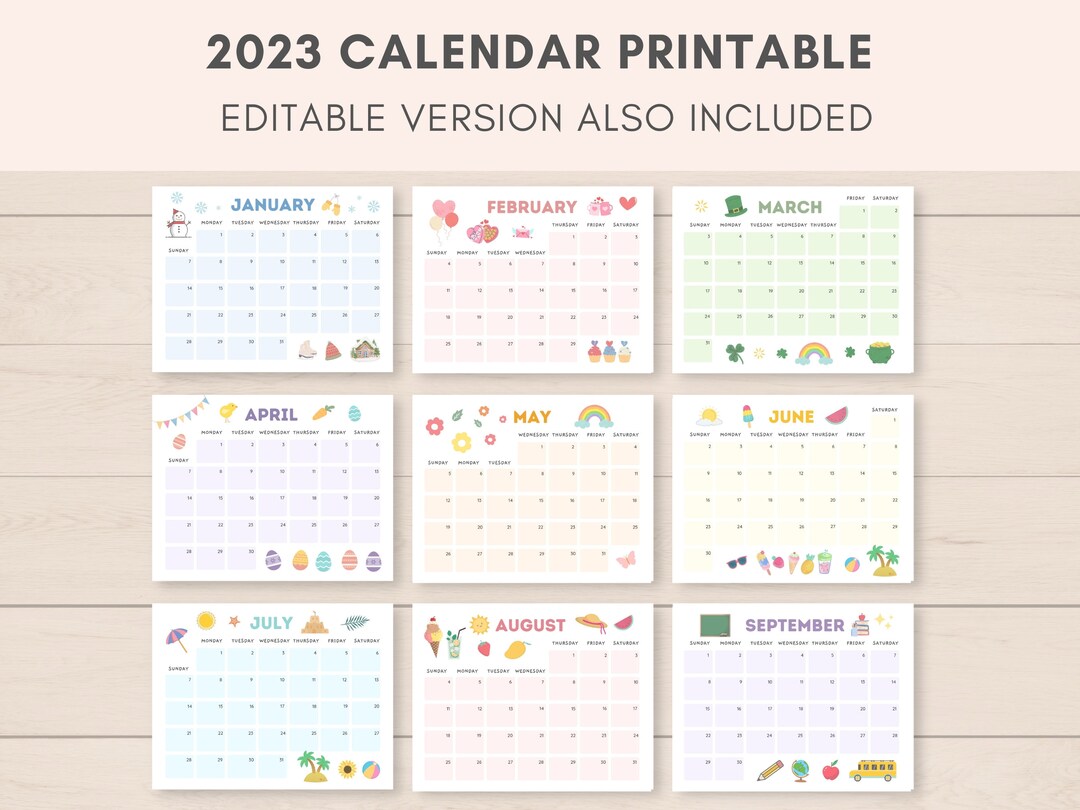 Calendar 2023 Printable, Kids Calendar 2023, Editable Calendar ...