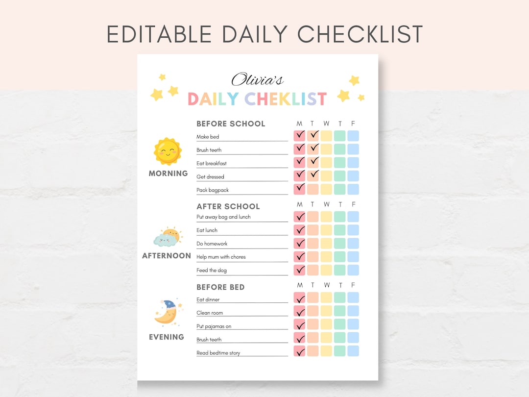 Kids Daily Checklist, Kids Daily Schedule, Editable Kids Daily ...