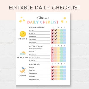 Kids Daily Checklist, Kids Daily Schedule, Editable Kids Daily ...