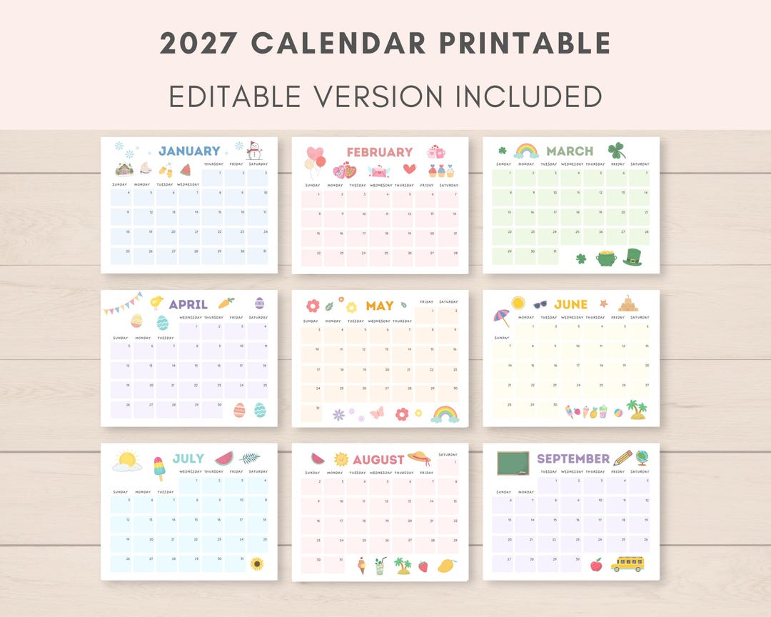 2027 Calendar Printable, Kids Calendar 2027, Printable Calendar ...