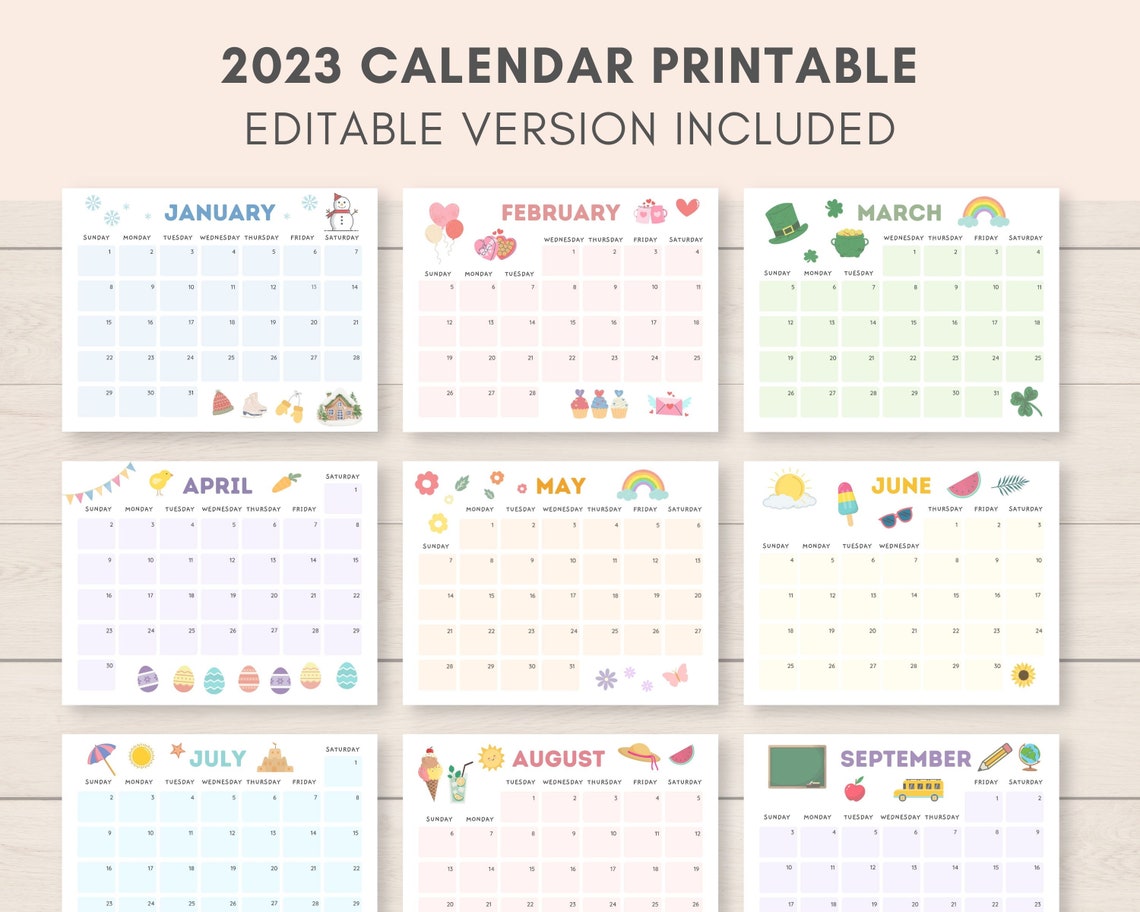 Calendar 2023 Printable Kids Calendar 2023 Editable - Etsy UK
