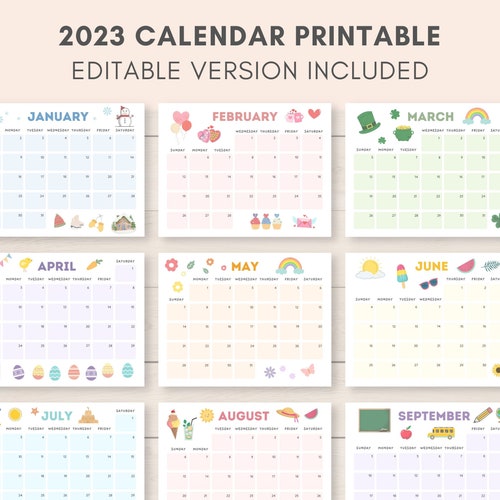 Calendar 2023 Printable Kids Calendar 2023 Editable - Etsy
