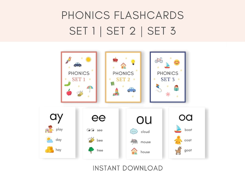 Phonics Flashcards Set 1 Set 2 Set 3 Phonics Printable - Etsy