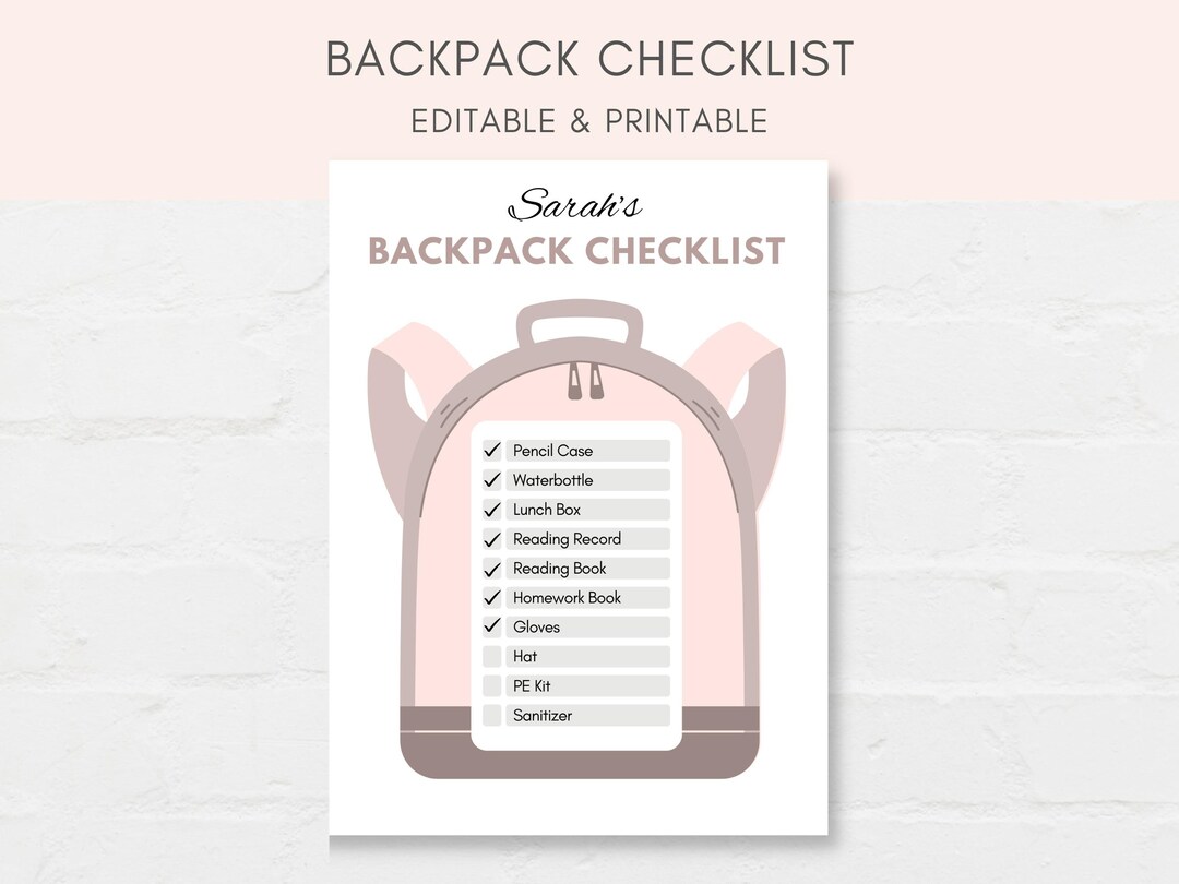 Backpack Checklist for Kids, Ready for School, Kids Daily Checklist ...