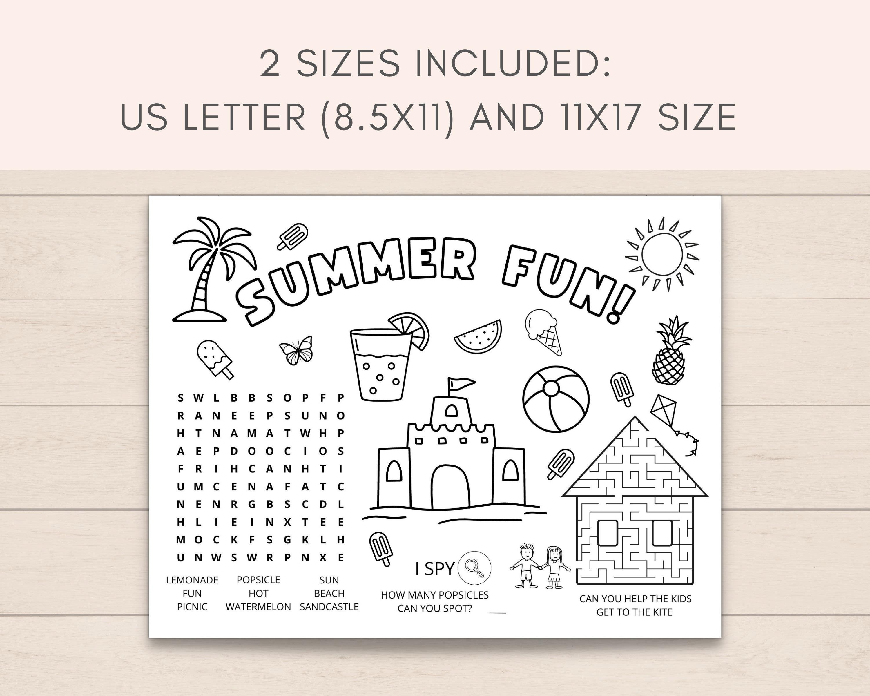 Summer Activity Placemat Summer Party Kids Activities - Etsy