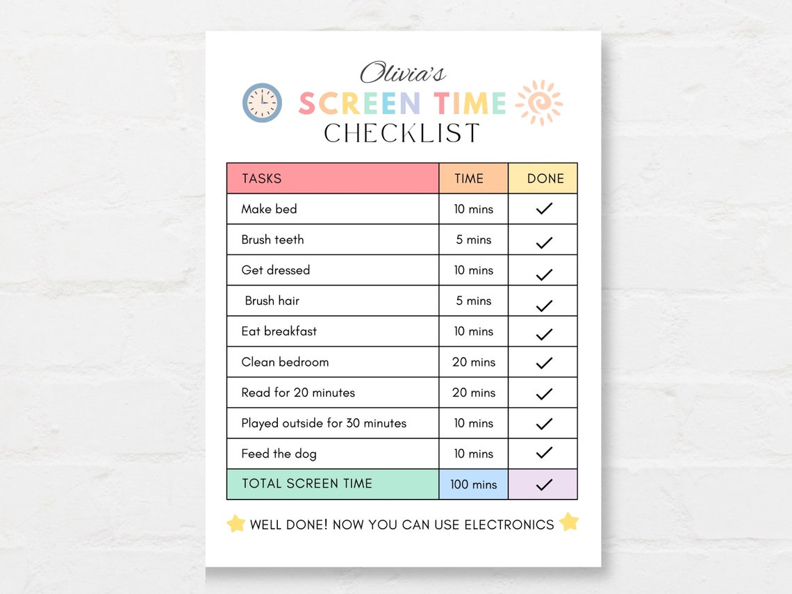 Screen Time Chart, Screen Time Checklist, Summer Screen Time, Screen ...
