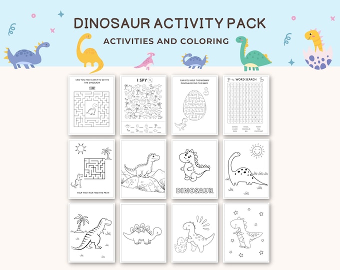 Printable Dinosaur Activity and Coloring Pages for Kids, Instant ...