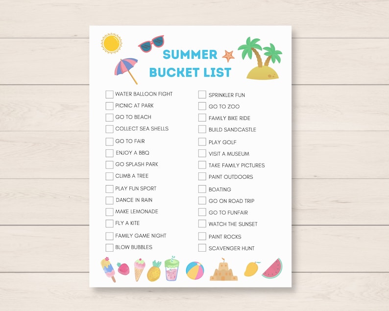 Summer Bucket List Printable, Kids Summer Activity, Summer Checklist ...