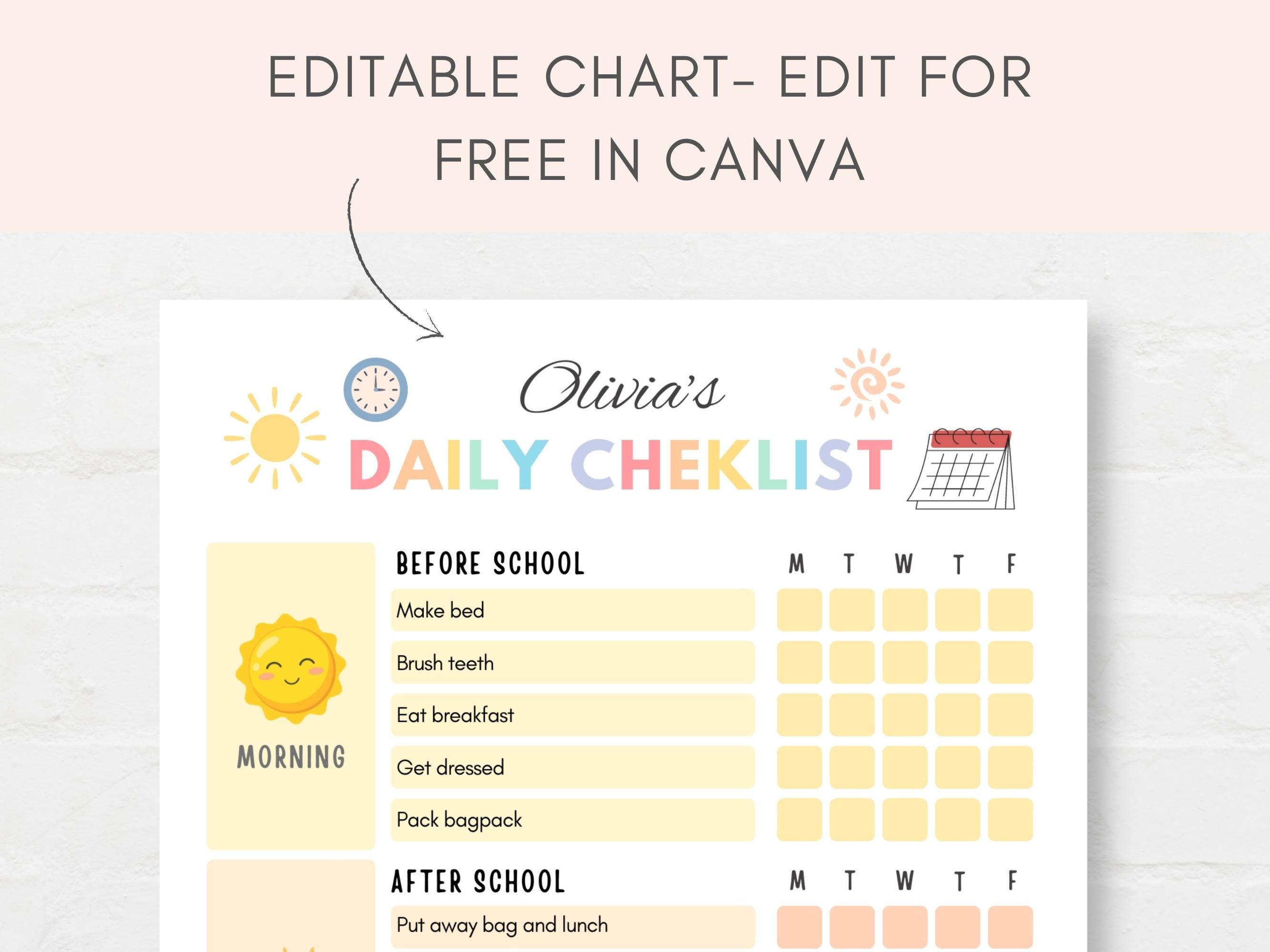 Kids Daily Checklist, Kids Daily Schedule, Editable Kids Daily ...