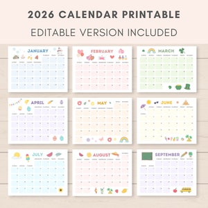 2026 Calendar Printable, Kids Calendar 2026, Printable Calendar ...