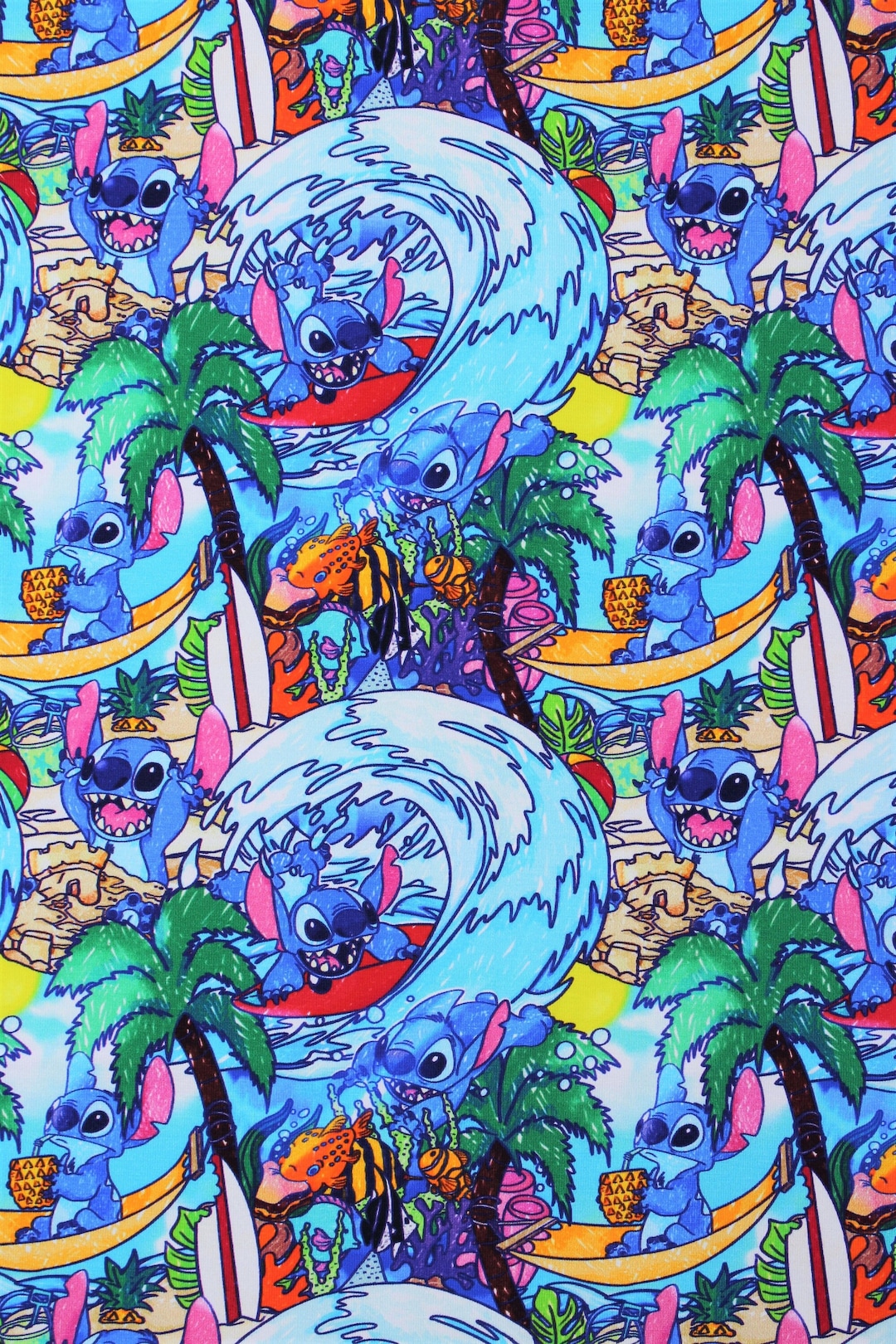 Life's A Beach Character Fabric, Cotton Lycra, Disney Stitch, Scrump ...