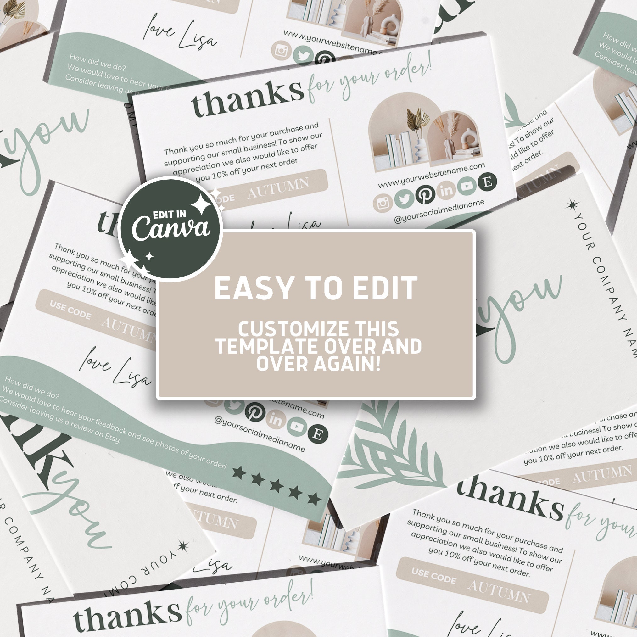 Modern Thank You Card Template, Business Card Insert, Custom Small ...