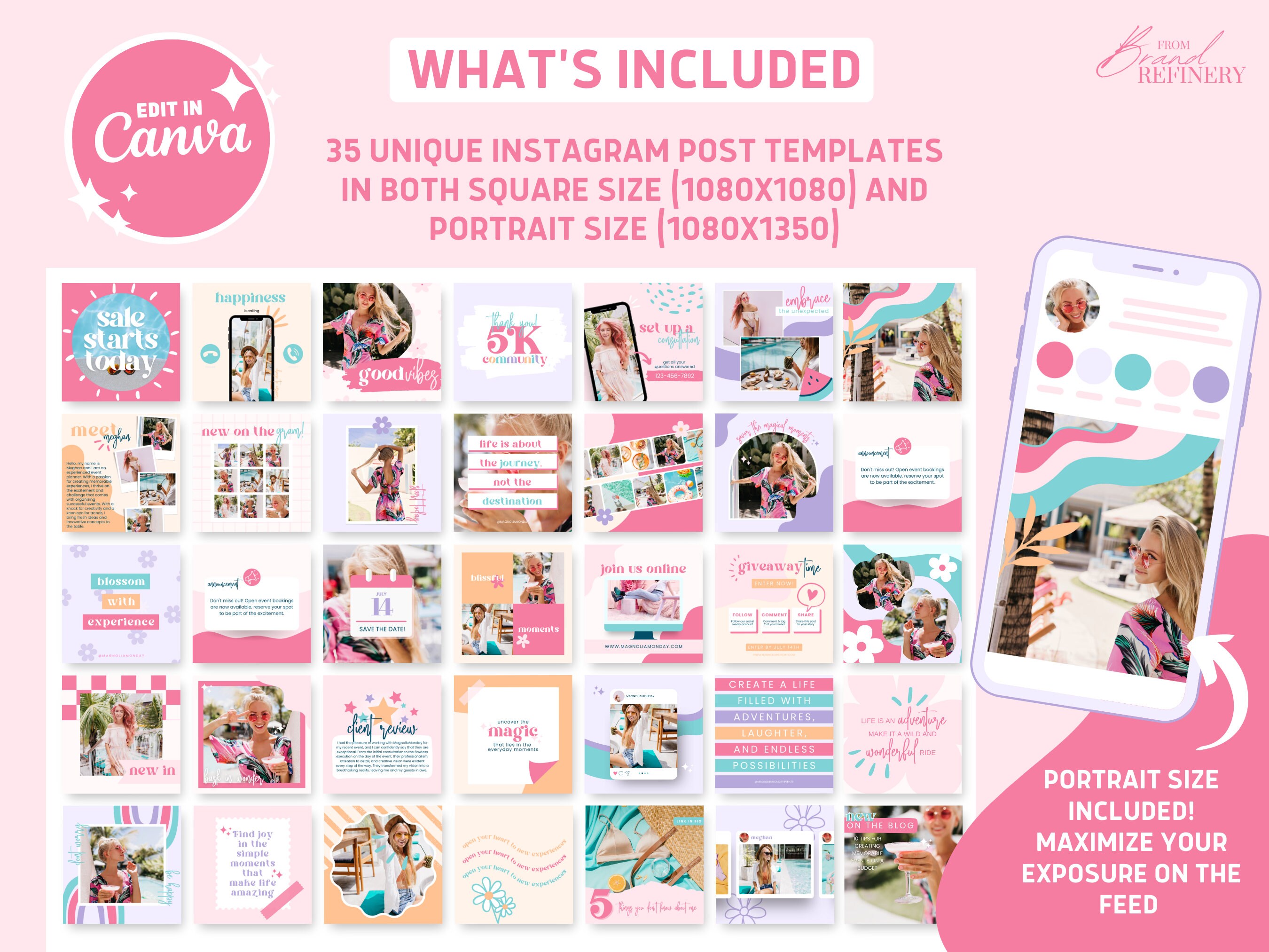 Instagram Post Canva Template, Pink Summer Social Media Pack, IG Quotes ...