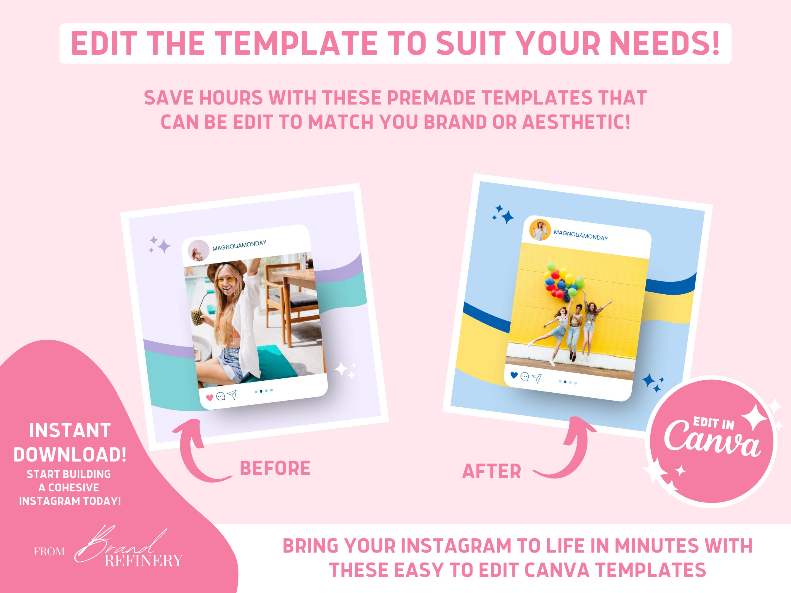 Instagram Post Canva Template, Pink Summer Social Media Pack, IG Quotes ...