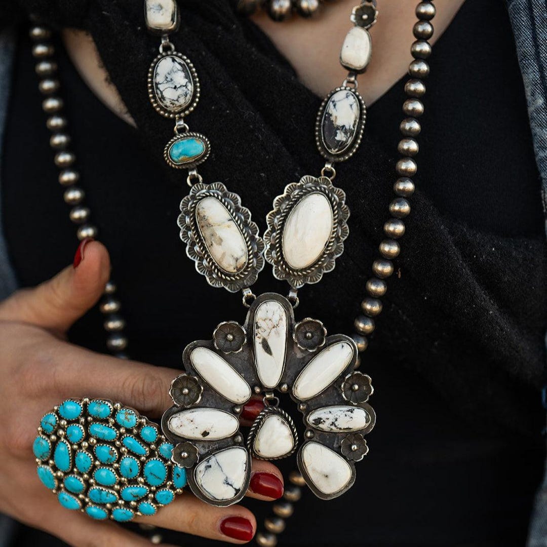 Leigha Cleveland White Buffalo Squash Blossom Necklace on Lariat Chain ...