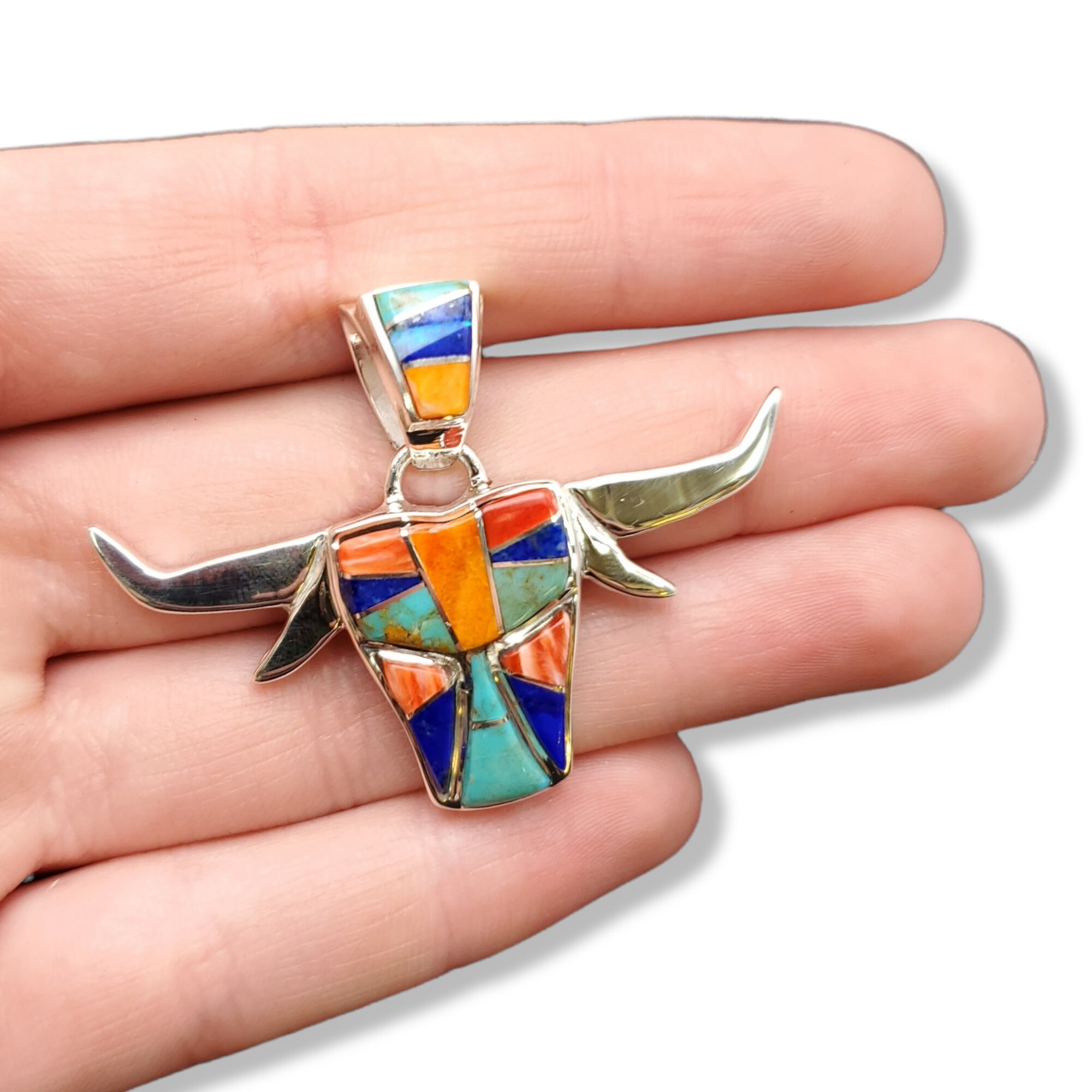 Calvin Begay Inlay Cow Skull Sterling Silver Pendant Mothers Day Gifts ...