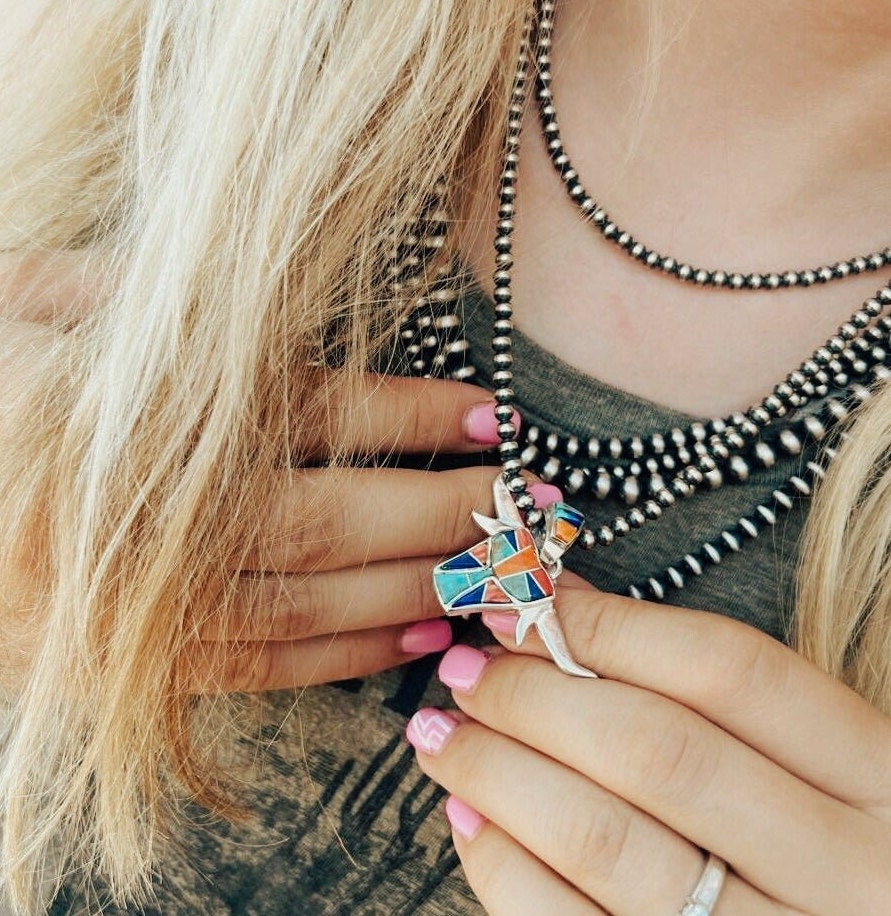 Calvin Begay Inlay Cow Skull Sterling Silver Pendant Mothers Day Gifts ...