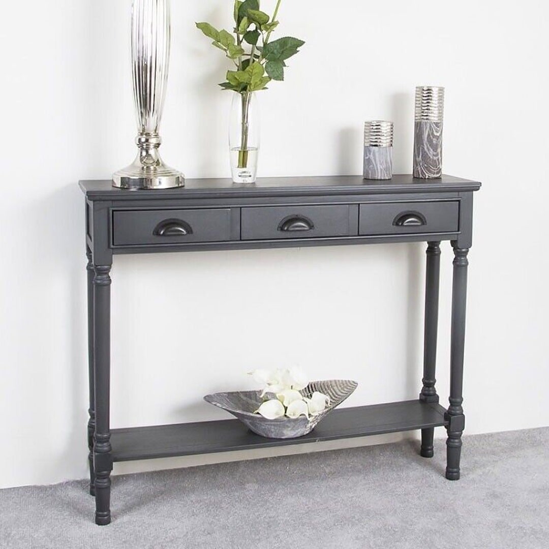 Arabella Grey Wood Medium 3 Drawer Narrow Slim Thin Console Table ...