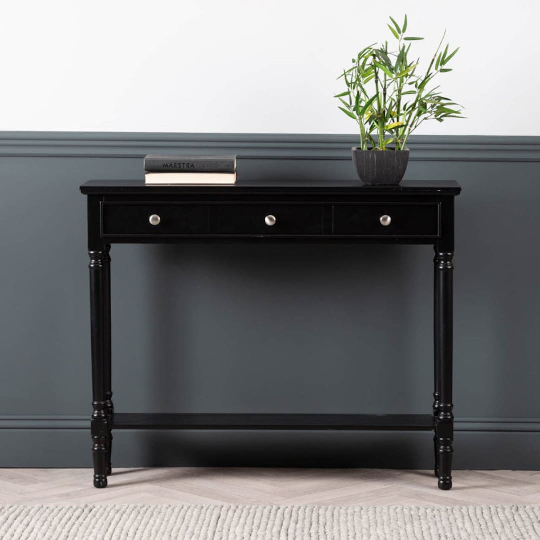 Arabella Black Wood Medium 3 Drawer Narrow Slim Thin Console Table ...