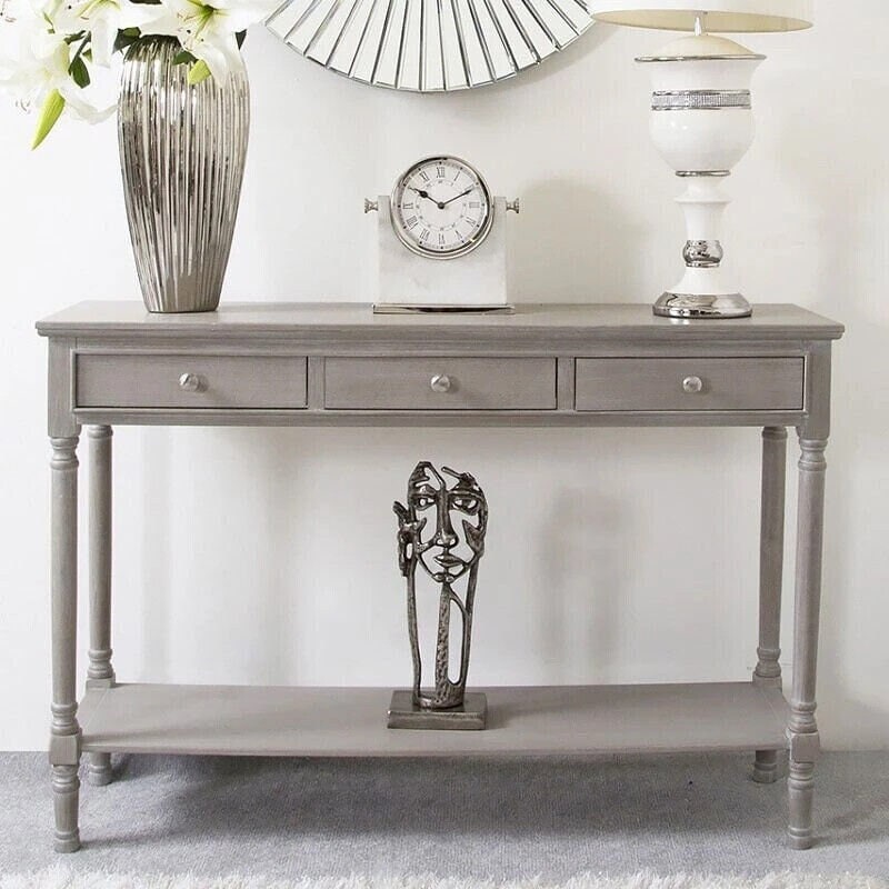 Arabella Taupe Wood Large 3 Drawer Narrow Slim Thin Console Table ...