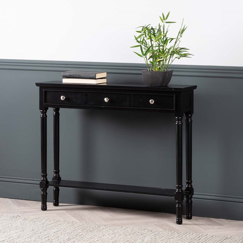 Arabella Black Wood Medium 3 Drawer Narrow Slim Thin Console Table ...