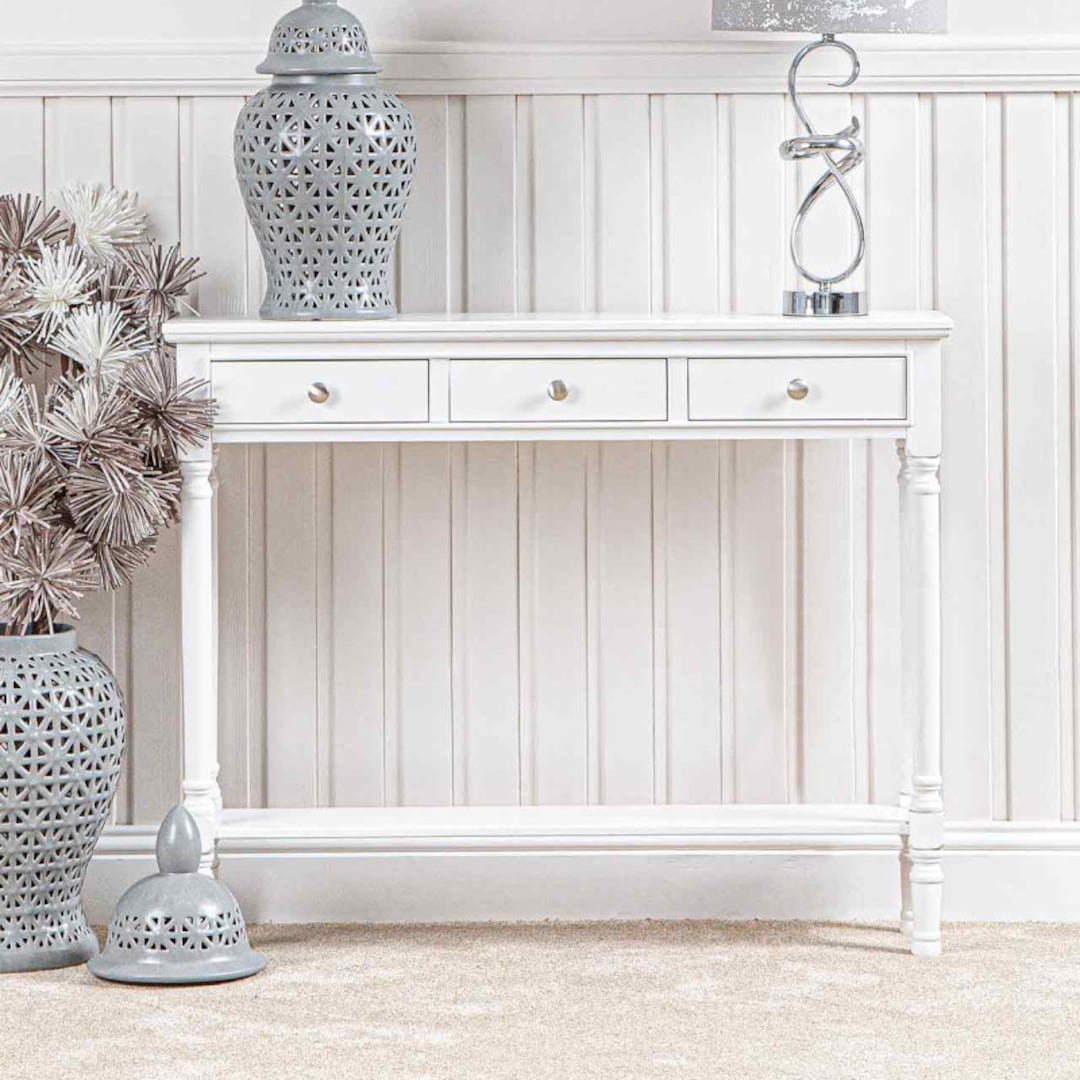 Arabella White Wood Medium 3 Drawer Narrow Slim Thin Console Table ...